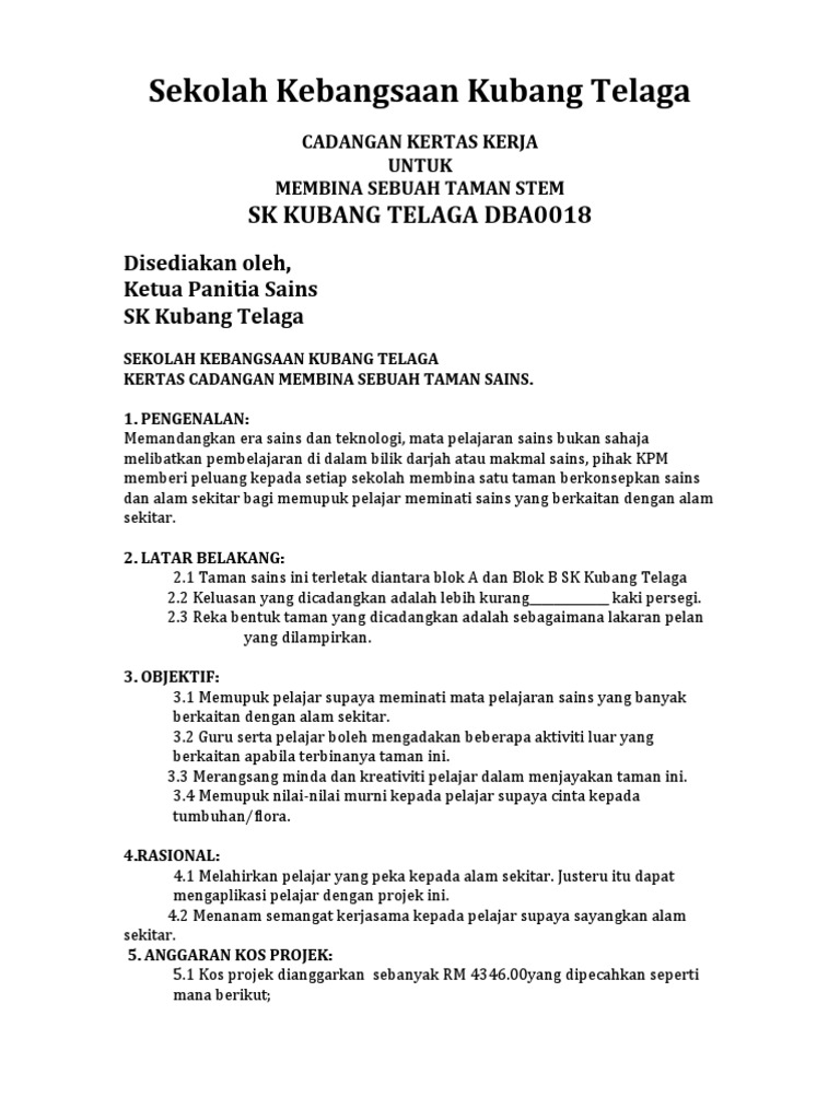 Cadangan Kertas Kerja Taman STEM SK Kubang Telaga 2021. | PDF