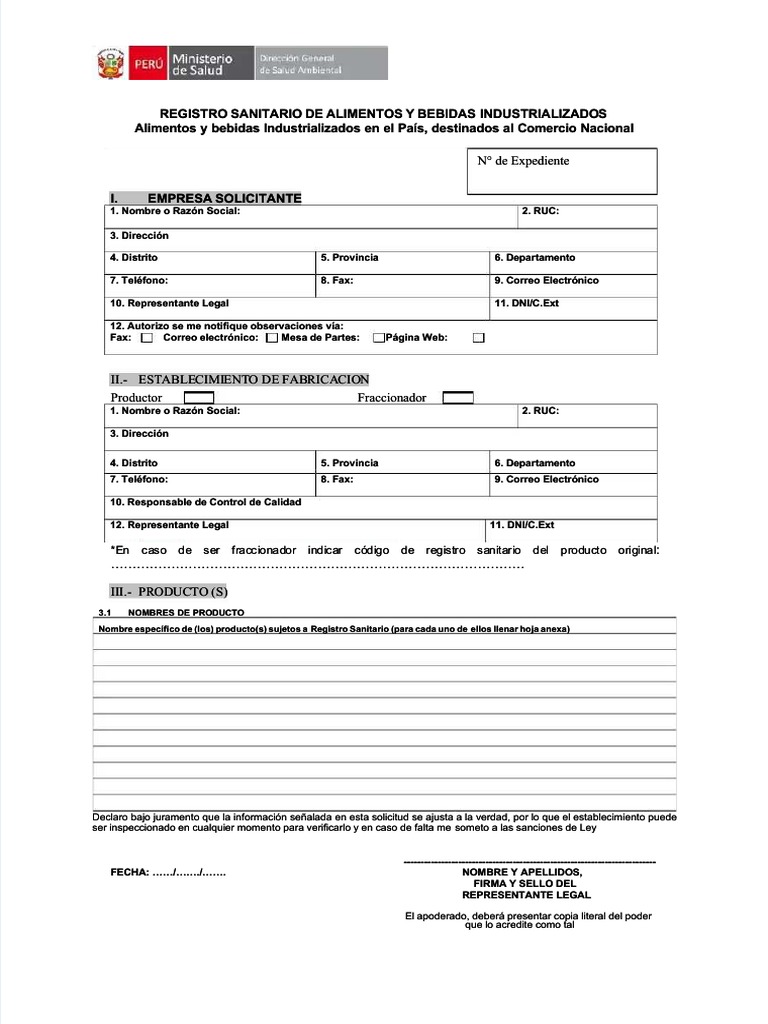 PDF Formulario de Registro Sanitario Digesa DL | PDF