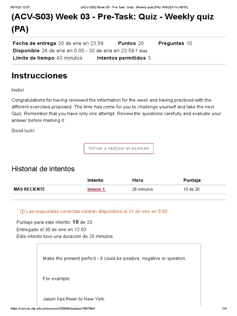 (ACV-S03) Week 03 - Pre-Task - Quiz - Weekly Quiz (PA) - INGLES IV (4015) | PDF