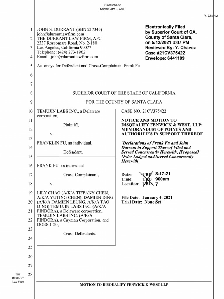 Frank Fu's Motion To Disqualify Fenwick & West | PDF