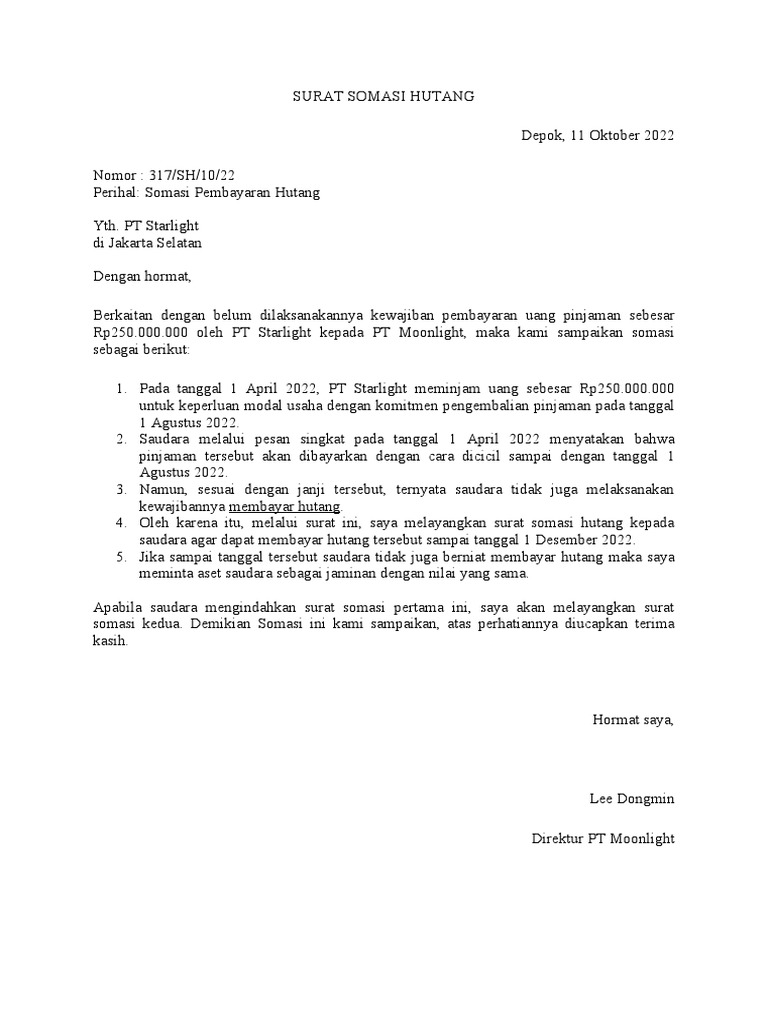 Contoh Surat Somasi Hutang | PDF
