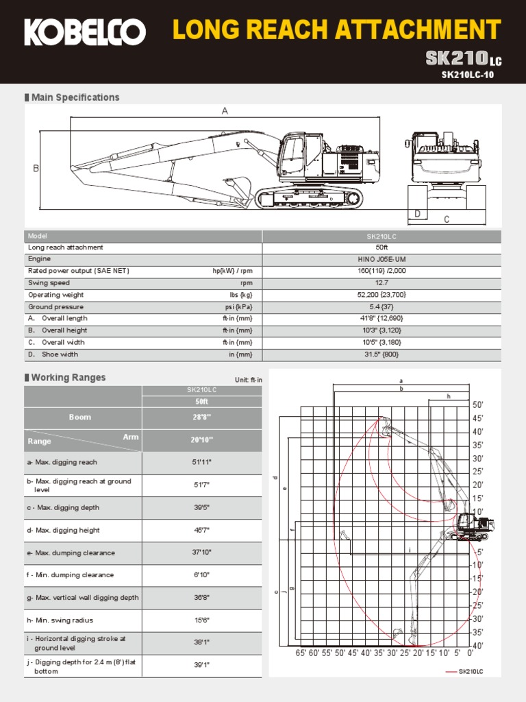 SK210LC-10 Long Reach Specs - KOBELCO Excavator | PDF | Elevator | Horsepower