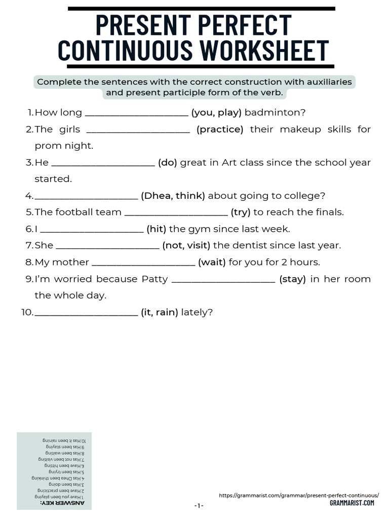 Present Perfect Continuous Worksheet | PDF