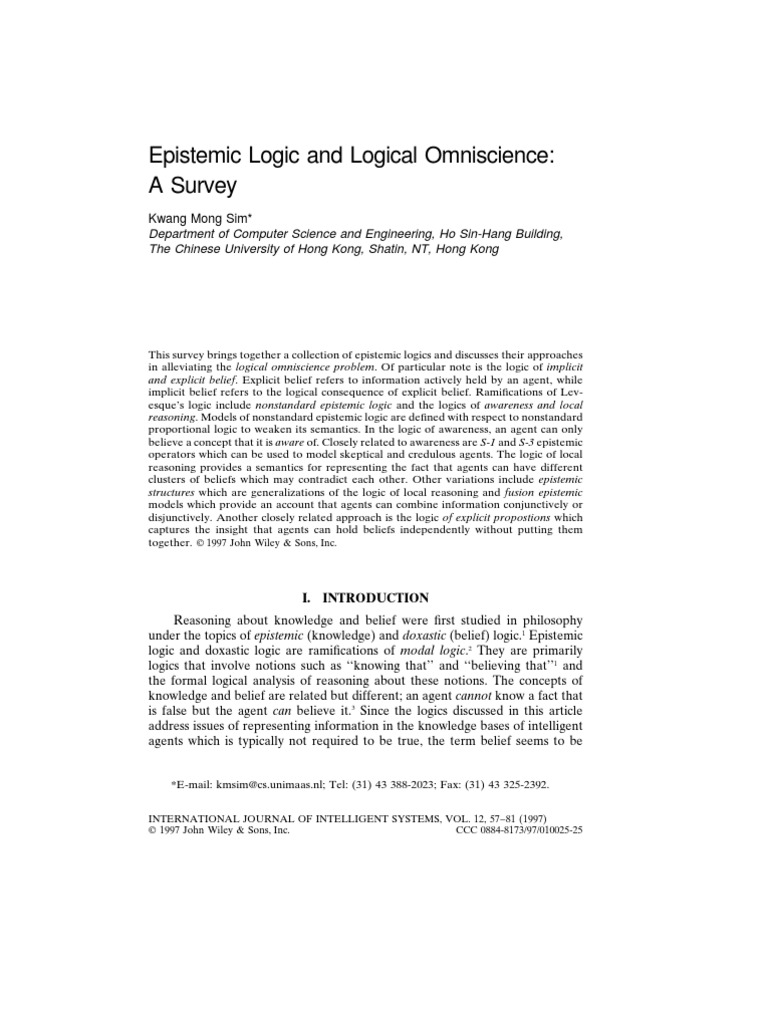 Epistemic Logic and Logical Omniscience: A Survey | PDF | Interpretation (Logic) | Axiom