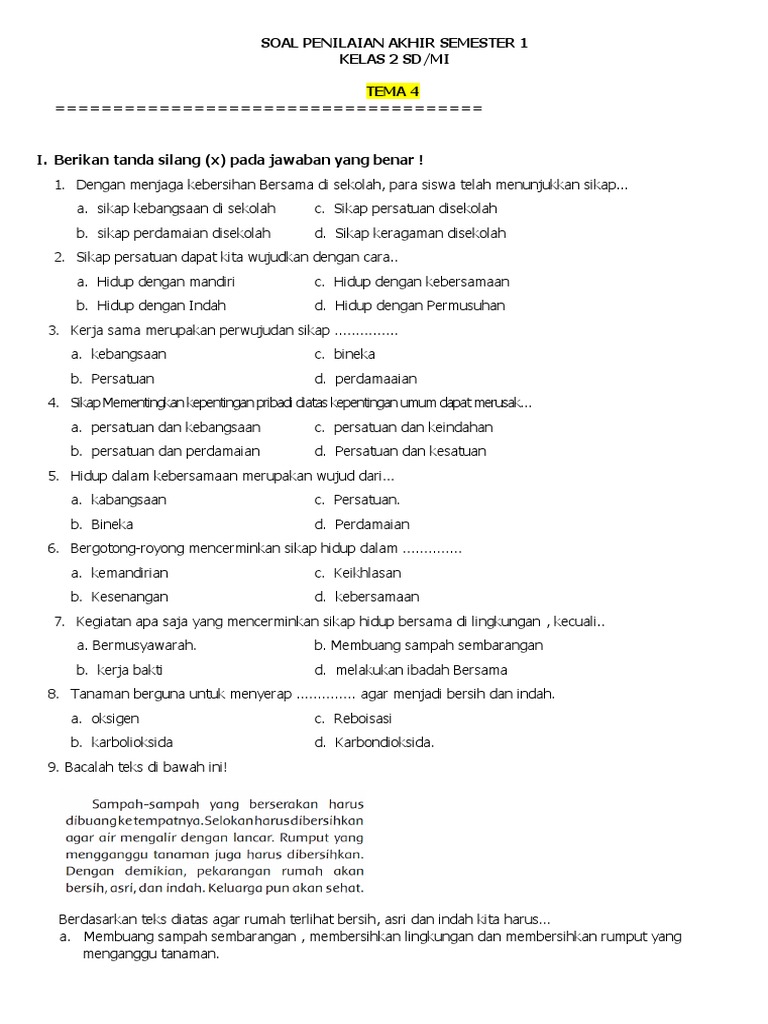 Soal PAS Kelas 2 Sem 1 Tema 4 - Reupload Kamimadrasah | PDF