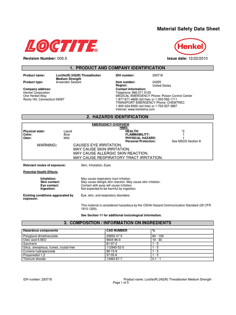 Loctite 242 Datasheet | PDF | Personal Protective Equipment | Dangerous Goods