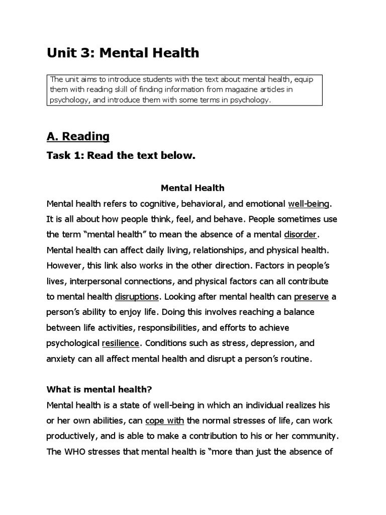 Unit 3 - Mental Health | Download Free PDF | Mental Disorder | Mental ...