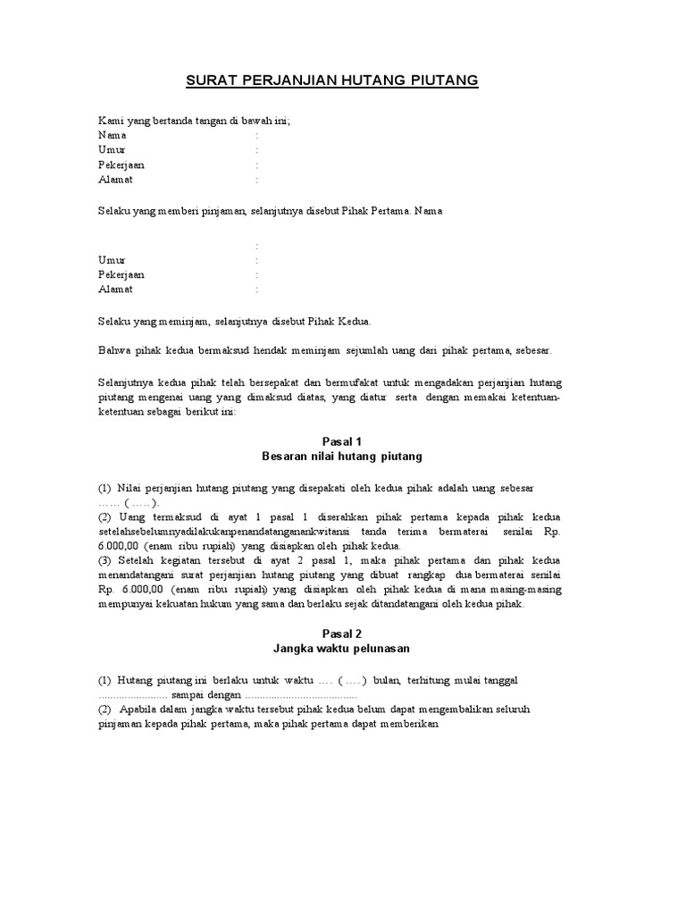 Contoh Surat Perjanjian Hutang Piutang | PDF