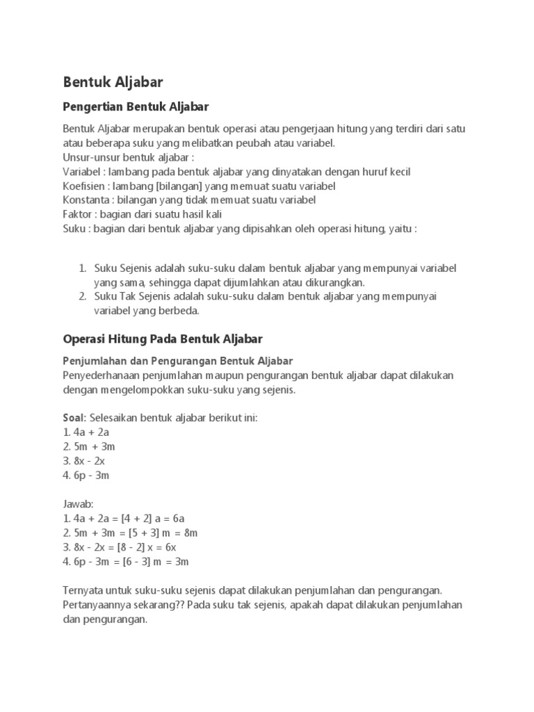 Pengertian dan Operasi Bentuk Aljabar | PDF | Metode & Bahan Ajar