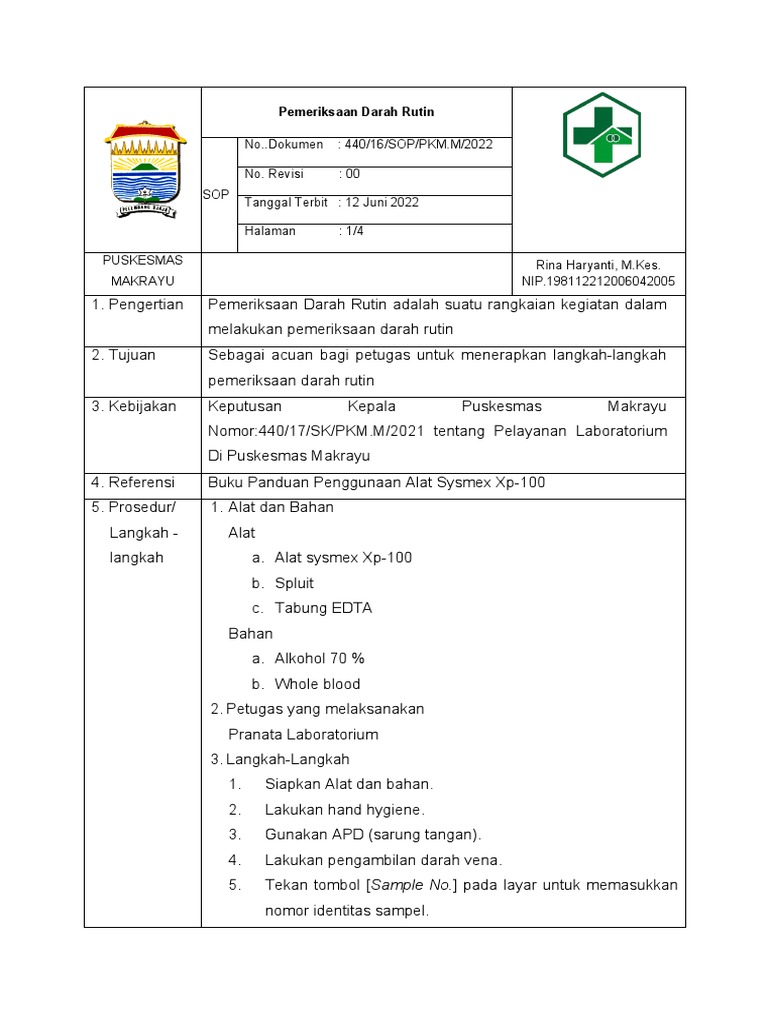 SOP Pemeriksaan Darah Rutin | PDF