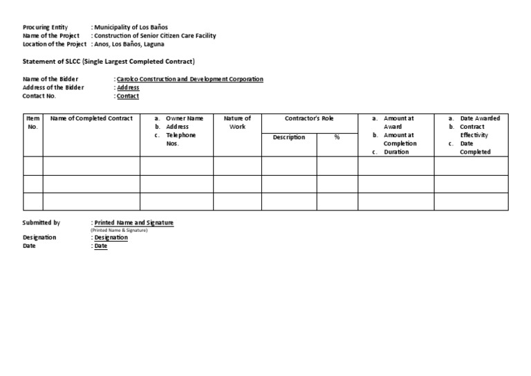 Statement of SLCC (Single Largest Completed Contract) | PDF | Finance & Money Management ...