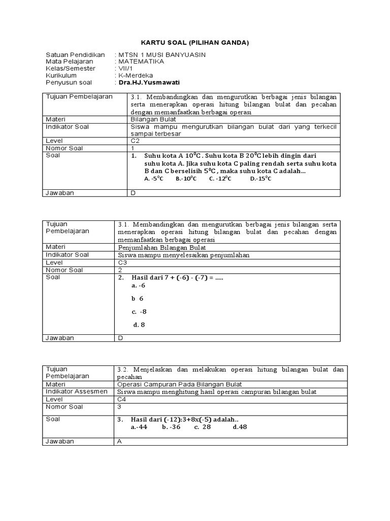Kartu Soal Matematika Kelas 7 SMT 1 Tahun 2022.docx HJ - Yusmawati | PDF