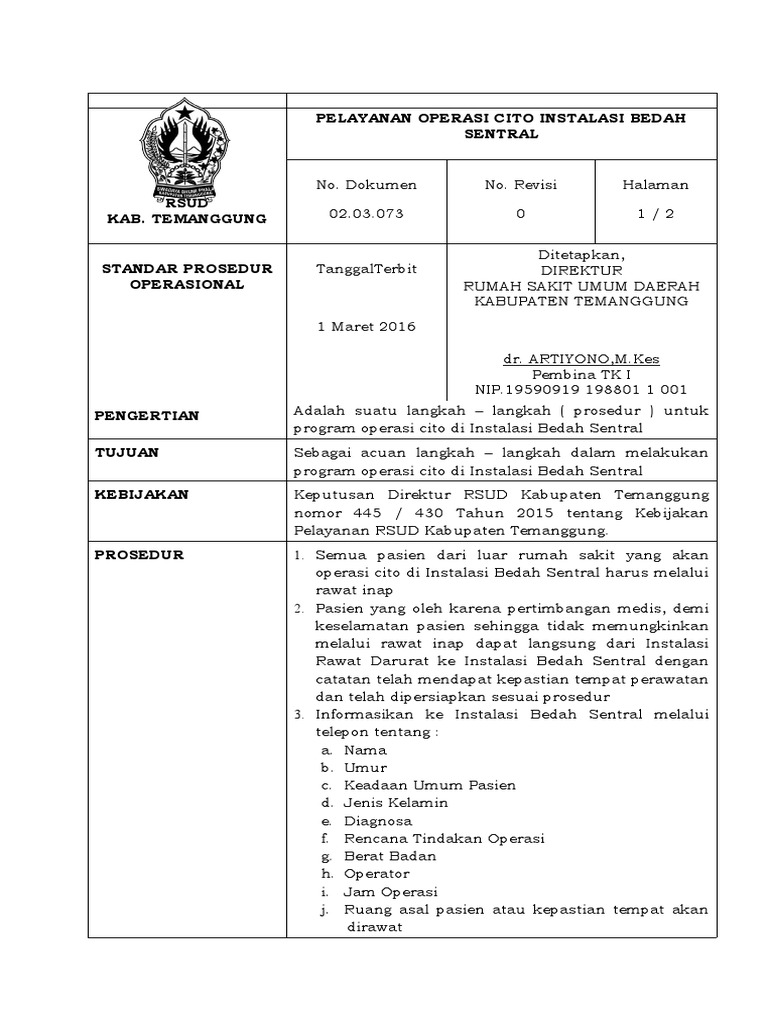 Spo - Pelayanan Operasi Cito Instalasi Bedah Sentral | PDF