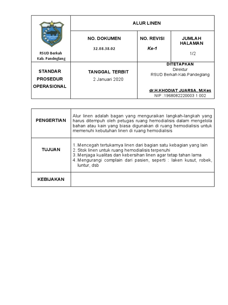 Prosedur Alur Linen Hemodialisis RSUD | PDF