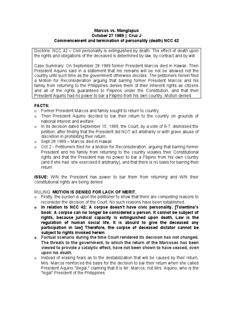 Marcos V Manglapus (1989) - Natural Persons Death | PDF | Benigno ...
