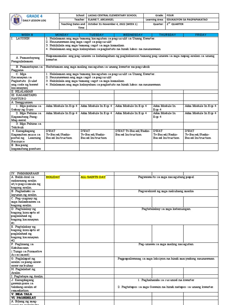 DLL g4 q2 Week 1 (English, Esp, Math) | PDF