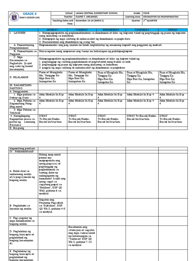 DLL g4 q2 Week 2 (English, Esp, Math) | PDF