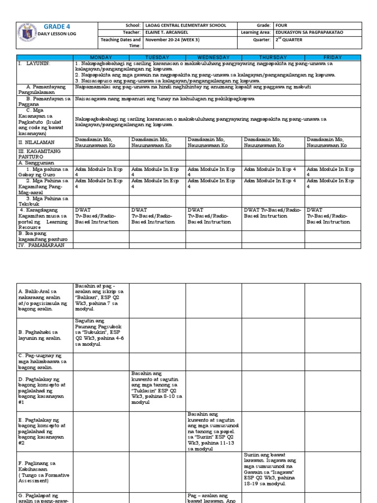 DLL g4 q2 Week 3 (English, Esp, Math) | PDF