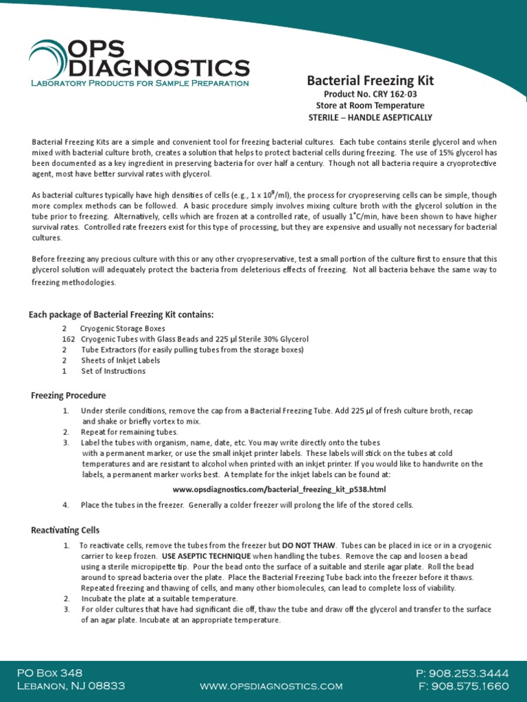 Bacterial Freezing Kit Instructions | PDF | Chemistry | Materials