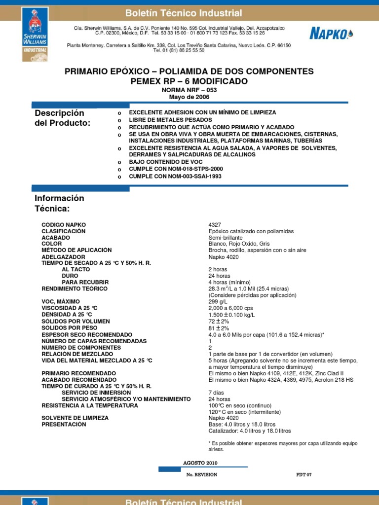Guía de aplicación para el recubrimiento epóxico PEMEX RP-6 Modificado | PDF | Aluminio | Química