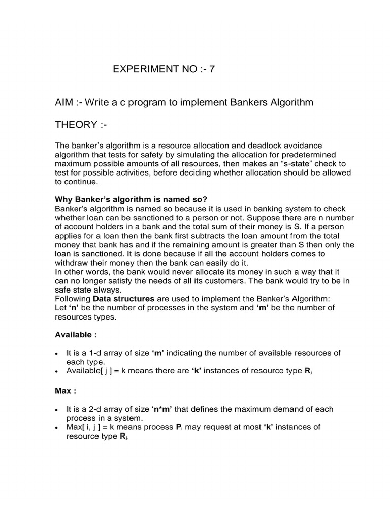 C Program To Implement Bankers Algorithm | PDF