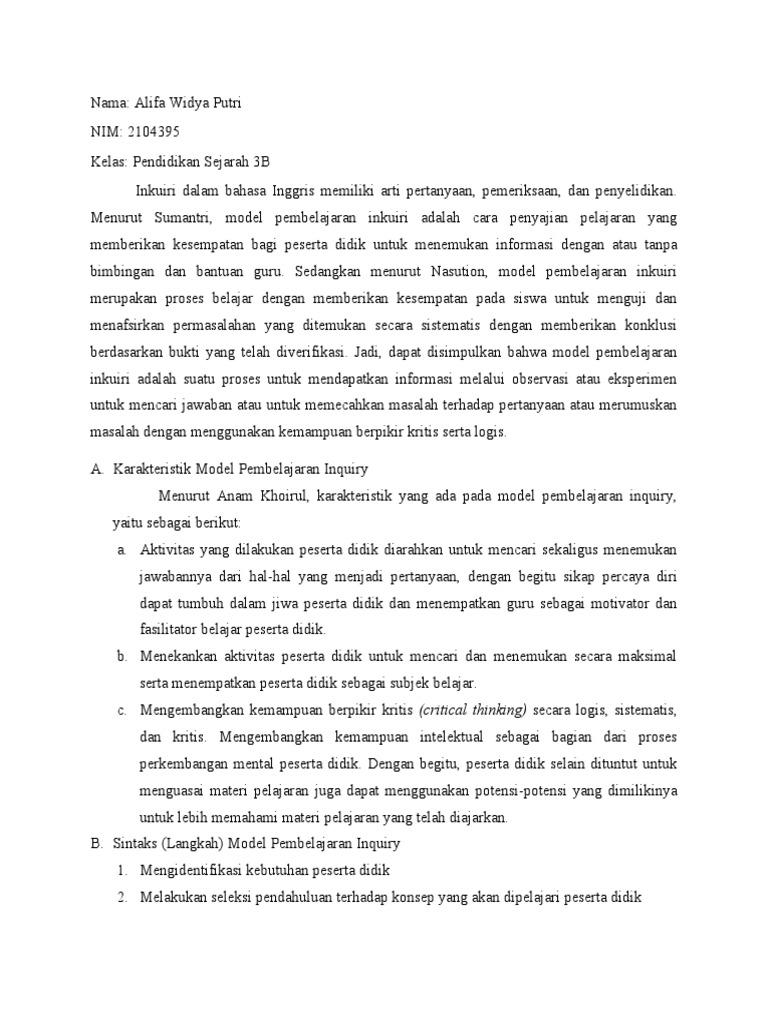 Karakteristik, Sintak, Rancangan Model Pembelajaran Inquiry | PDF