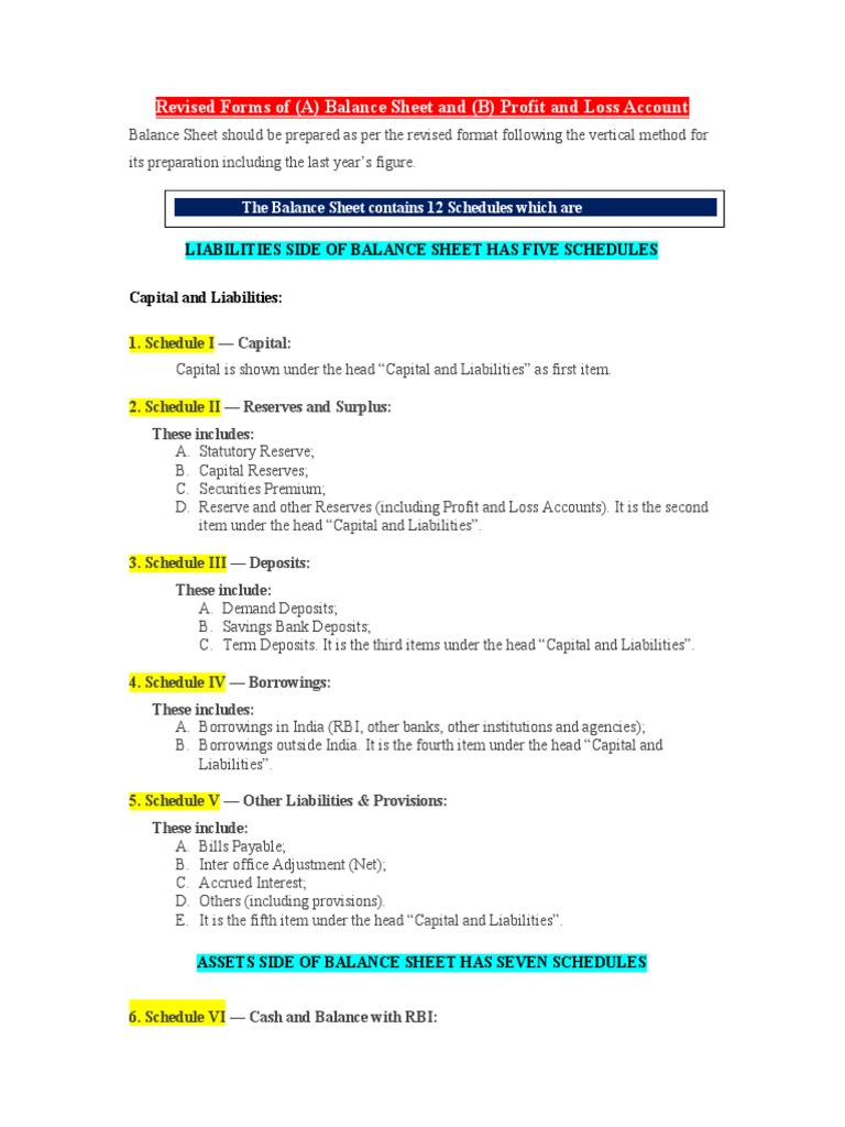 Balance Sheet and P&L Schedule Formats | PDF | Balance Sheet | Deposit ...