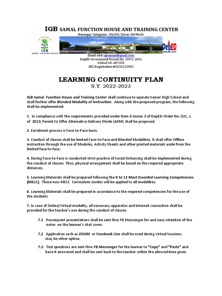 IGB Samal Learning Continuity Plan 2022-2023 | PDF | Learning | Teachers
