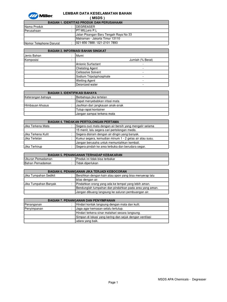 MSDS MILL - Degreaser | PDF