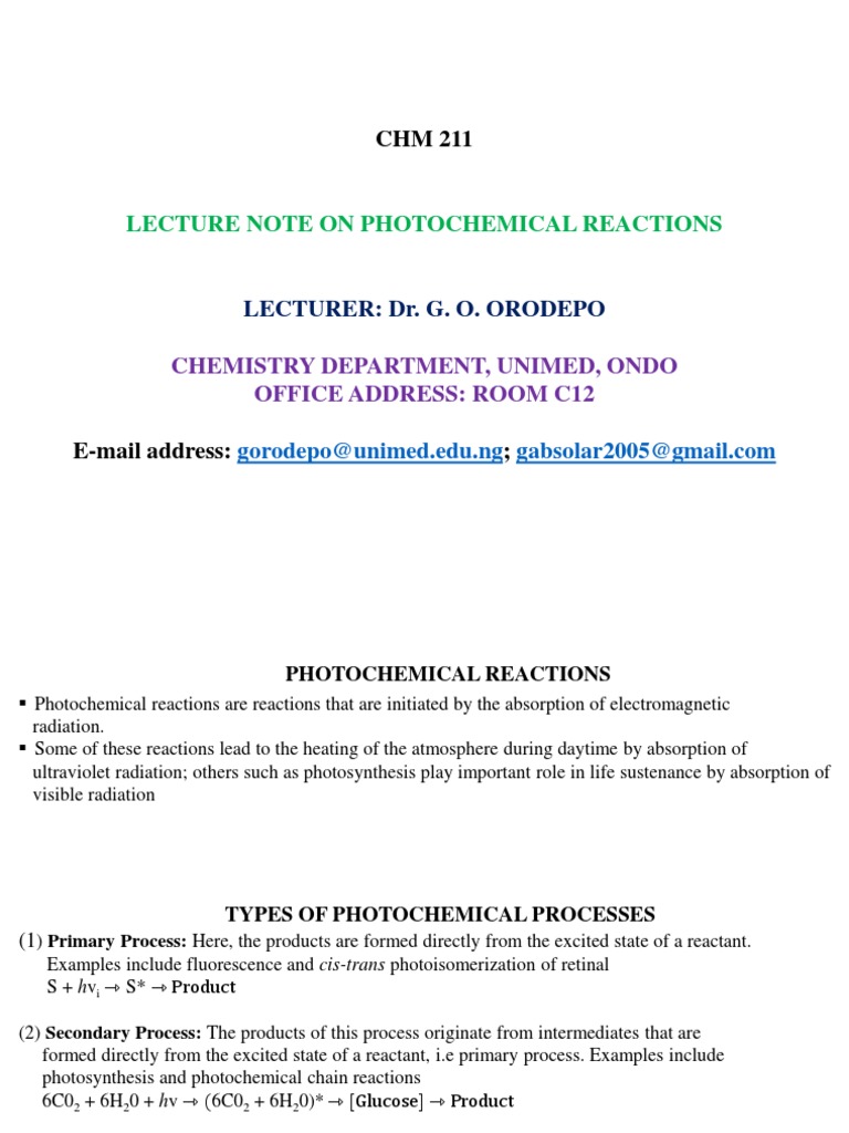 CHM 211 Photochemical RXN 2021 2022 Session | PDF | Photochemistry | Photon