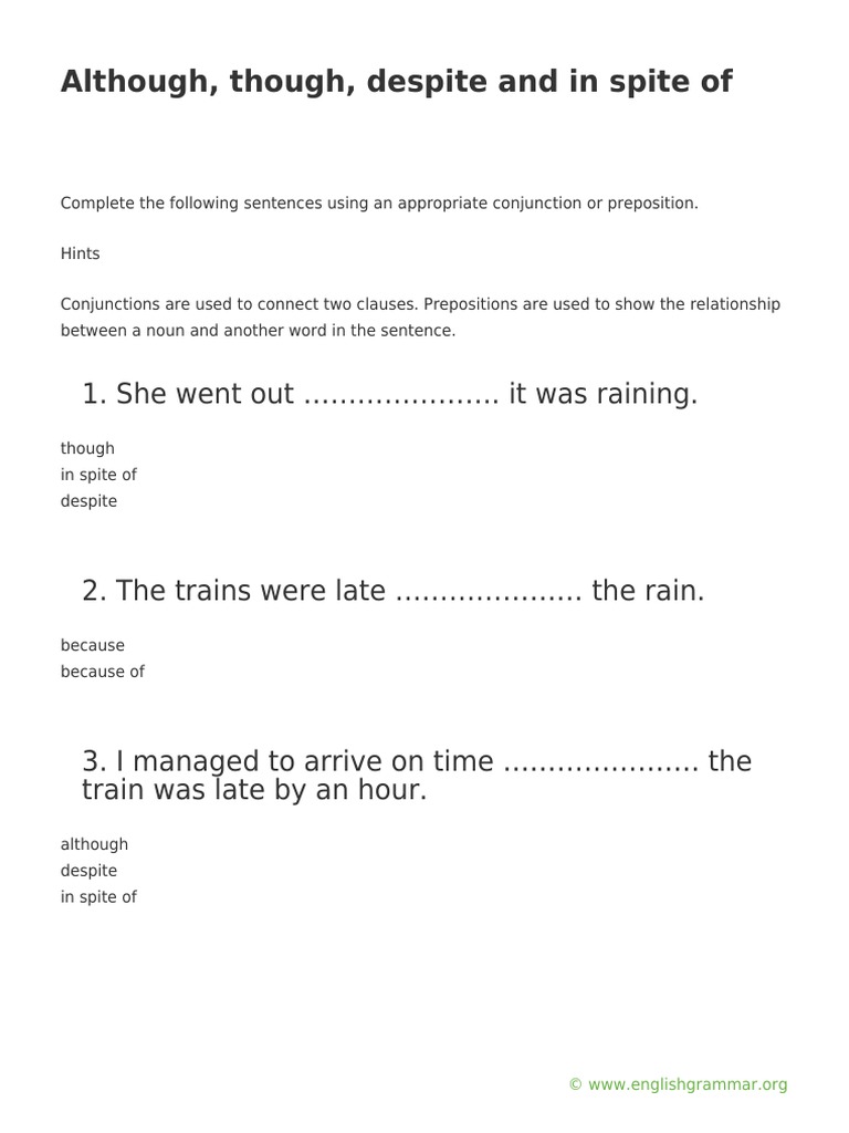 Although, Though, Despite and in Spite of | PDF