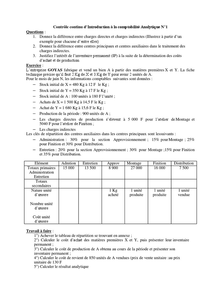 Contrôle continu en comptabilité analytique | PDF | Inventaire | Économie