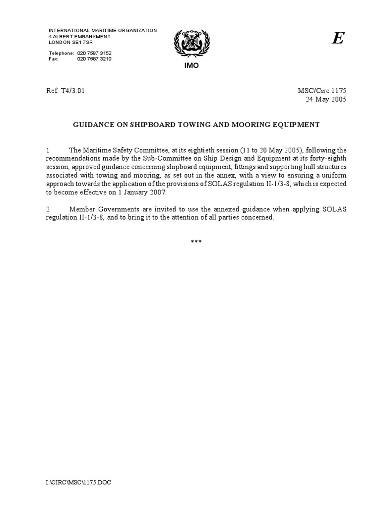 MSC.1-Circ.1175 - Guidance On Shipboard Towing and Mooring Equipment (Secretariat) | PDF