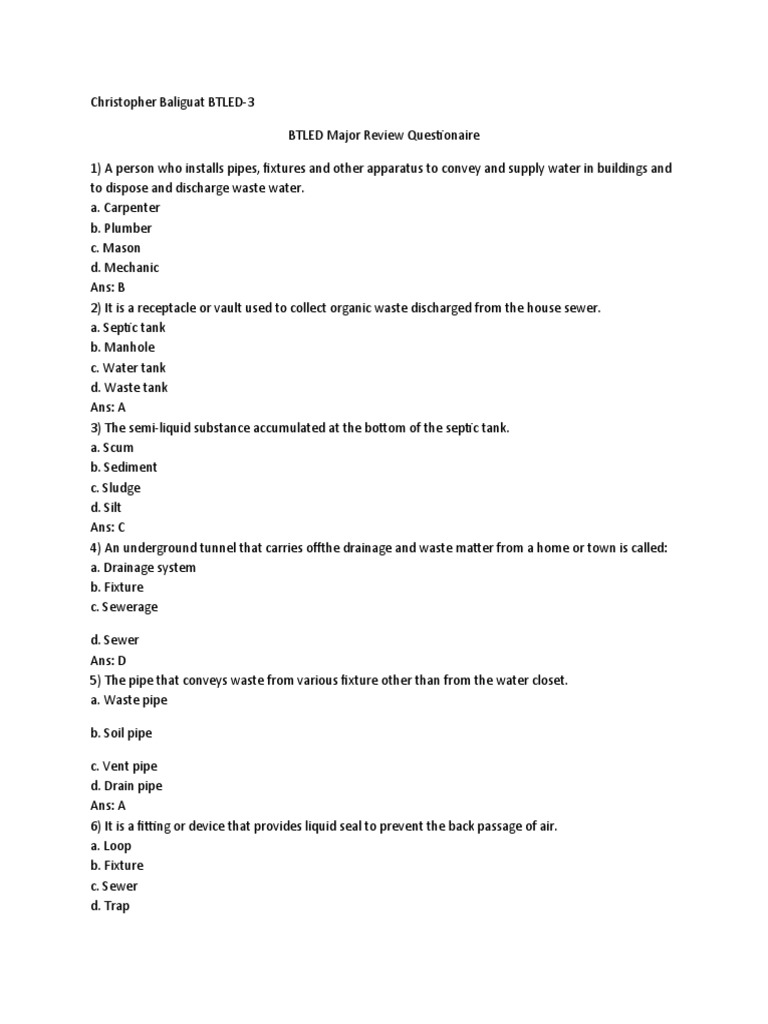 BTLED Major Review Questionaire | PDF | Plumbing | Valve