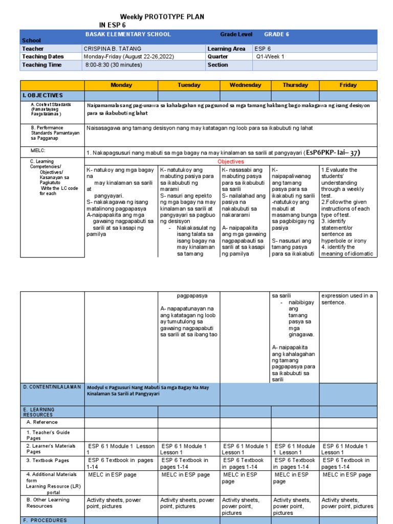 ESP 6-Q2-WK1-DLL-F2F Printing | PDF