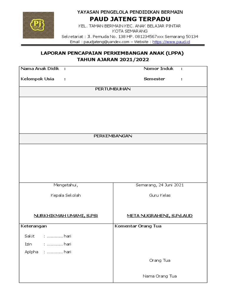 Format Lppa Paud Laporan Perkembangan Anak | PDF