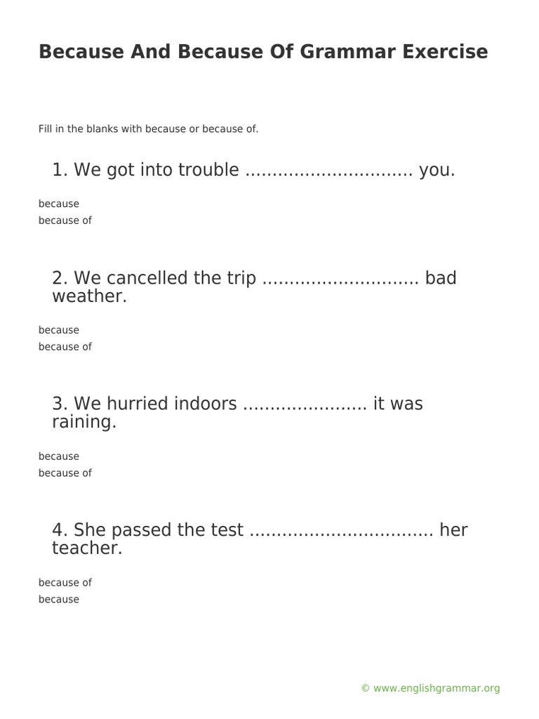 Because and Because of Grammar Exercise | PDF