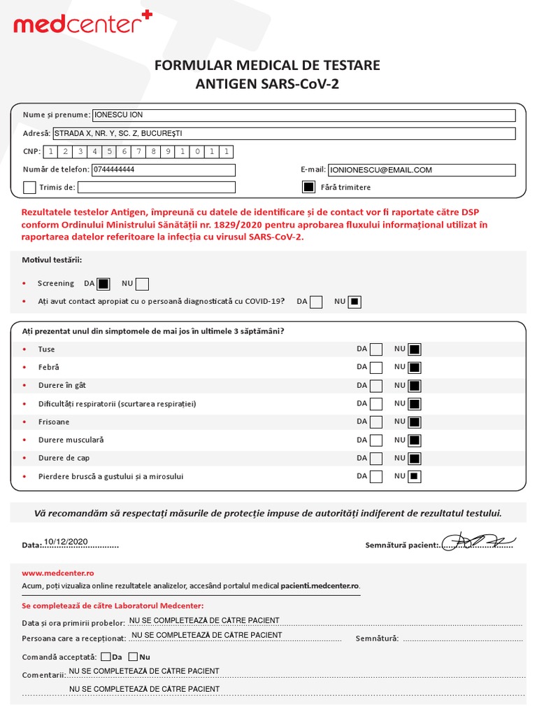 Chestionar Medical Test Covid Antigen Model - 6033965169259906 | PDF