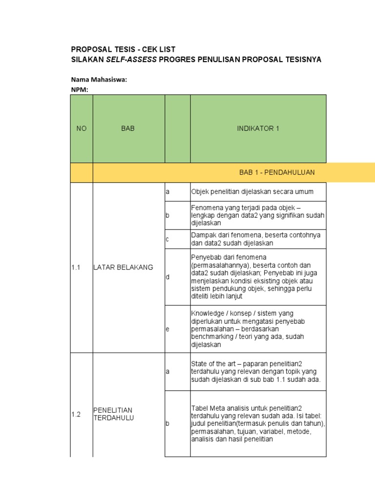 Cek List Proposal Tesis - Self Assessment | PDF