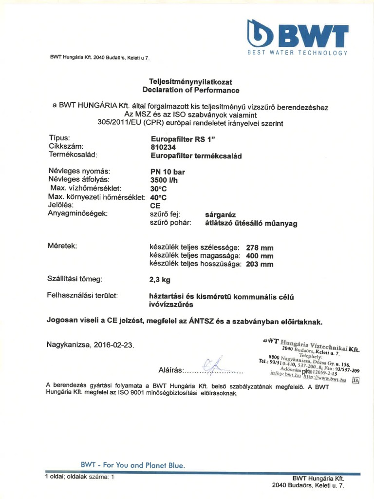 BWT Europafilter RS DN25 Teljesítménynyilatkozat | PDF