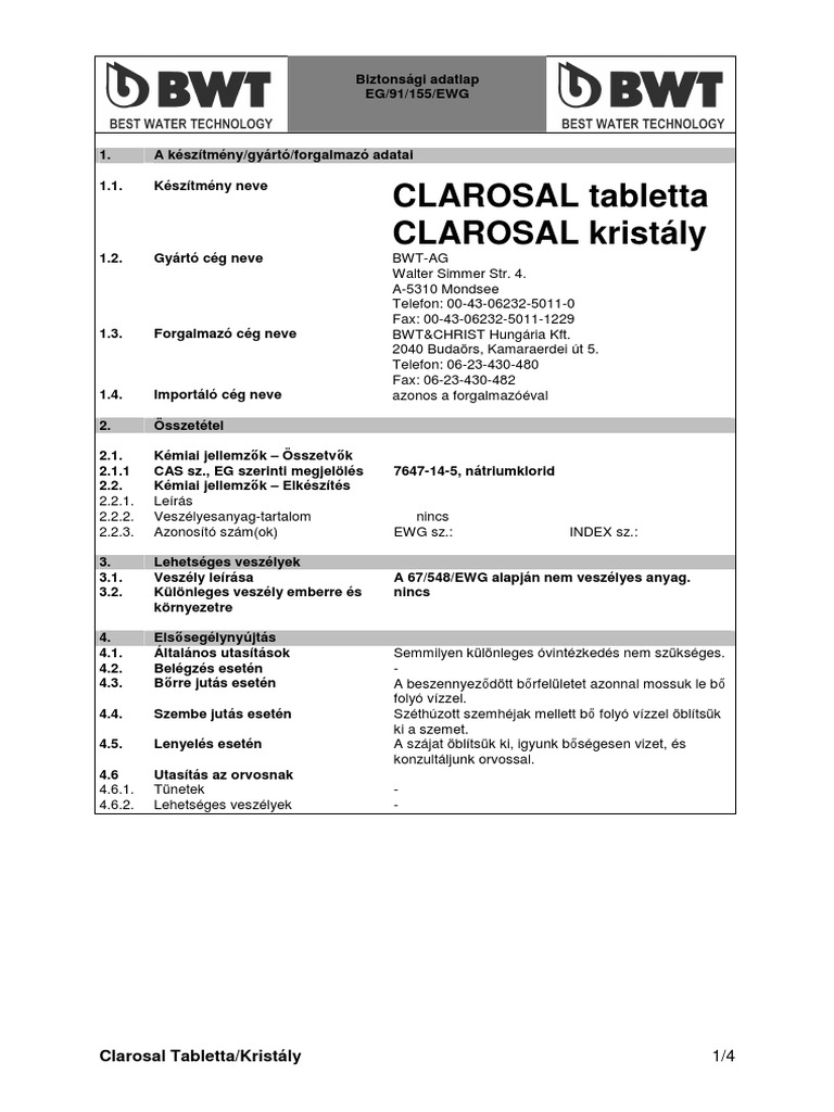 BWT Clarosal Sótabletta Biztonsági Adatlap | PDF