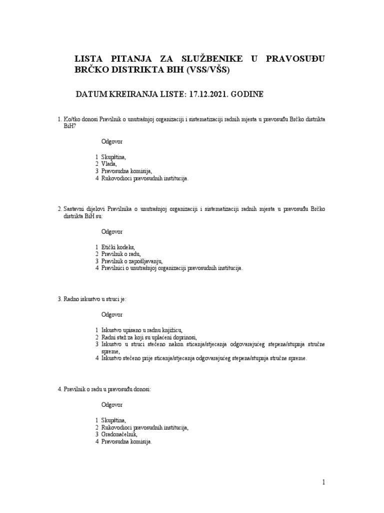 Lista Pitanja Za Službenike U Pravosuđu Brčko Distrikta Bih (VSS/VŠS) | PDF