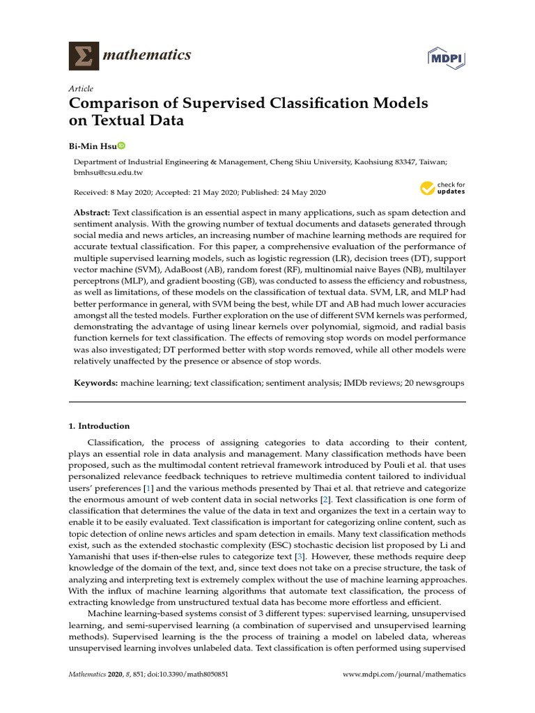 Comparison of Supervised Classification Models On Textual Data | PDF Comparison of Supervised Classification Models On Textual Data | PDF