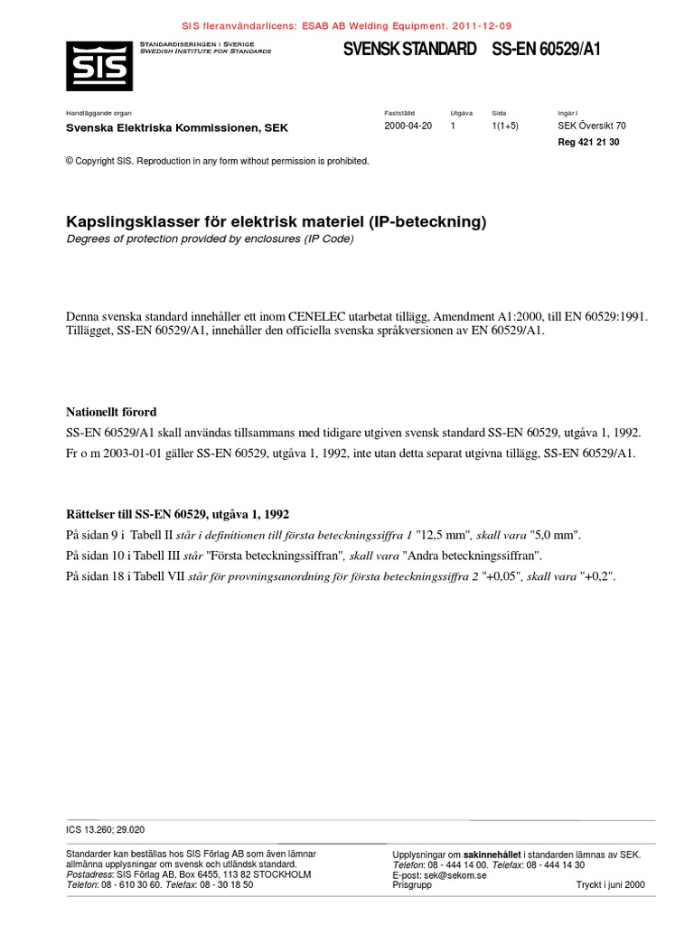 Svensk Standard Ss-En 60529/A1: Kapslingsklasser För Elektrisk Materiel ...