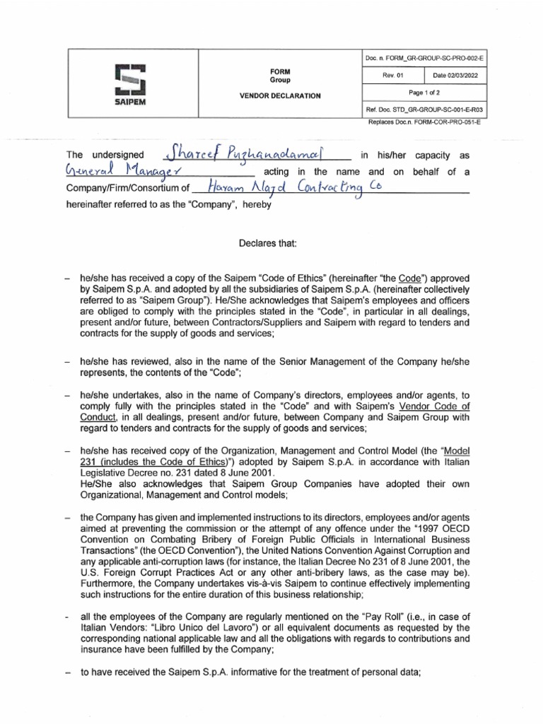 Saipem Vendor Declaration | PDF