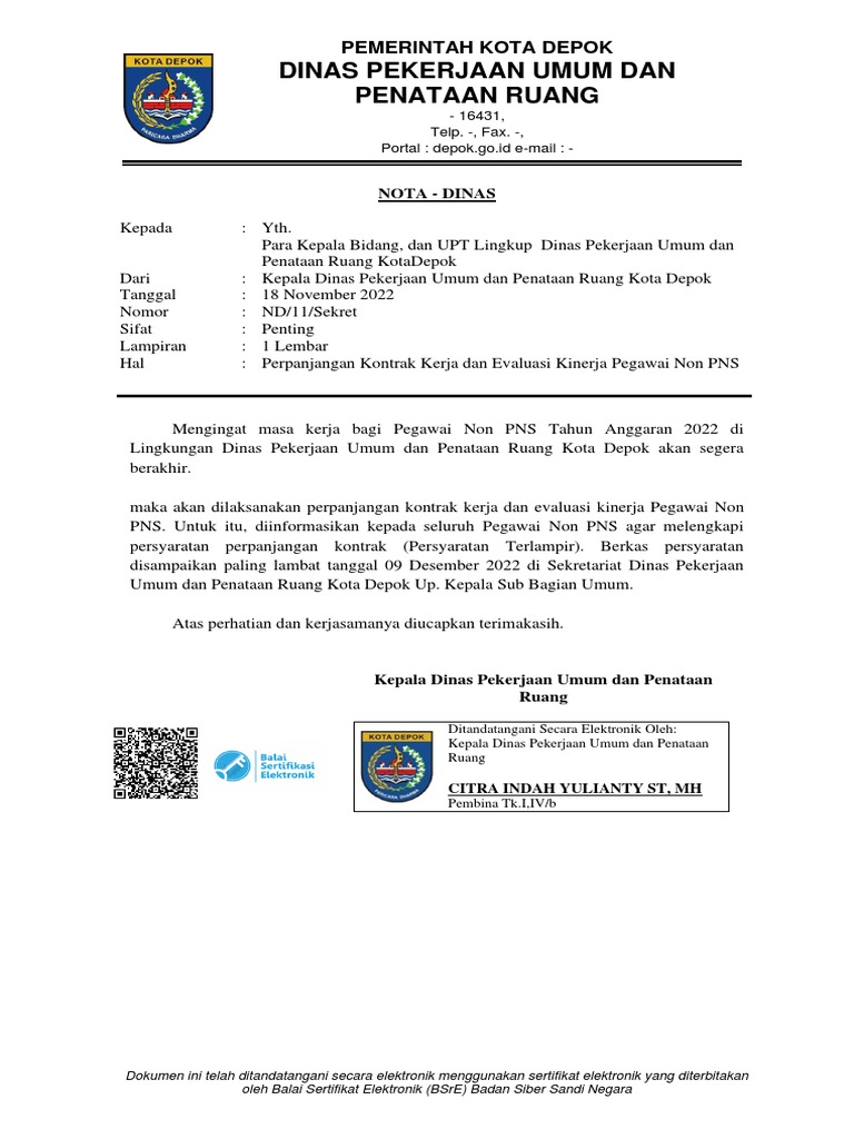 Nota Dinas Perpanjangan Kontrak PKTT 2023 | PDF