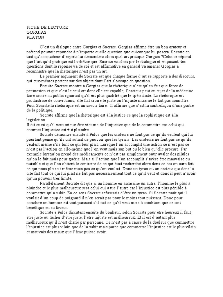 FICHE DE LECTURE Gorgias | PDF