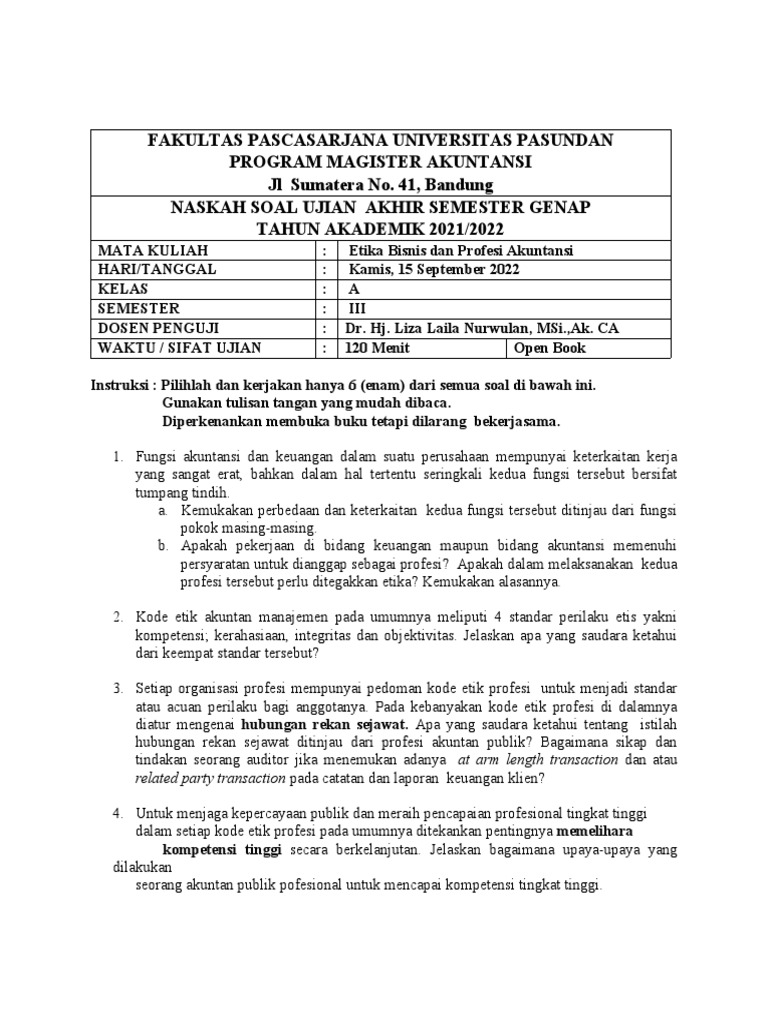 Soal Uas 2022 Etika Profesi - Maksi Unpas | PDF