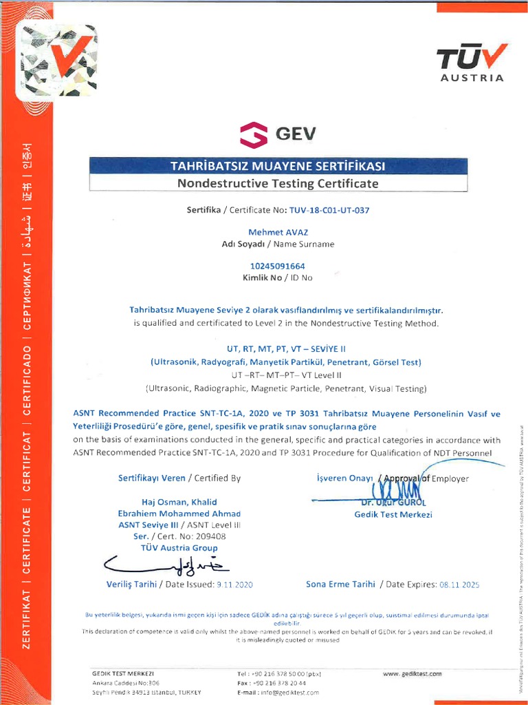 Örnek SNT TC 1A Sertifika | PDF