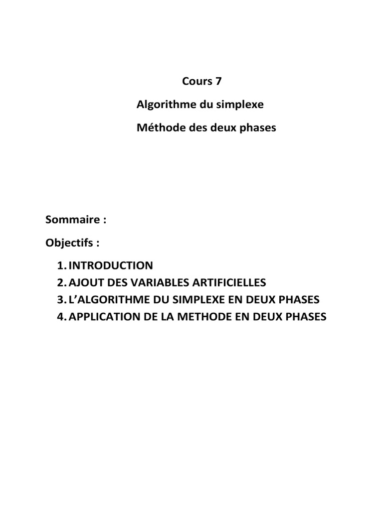 Algorithme Du Simplexe Méthode Des Deux Phases | PDF | Optimisation linéaire | Mathématiques de ...